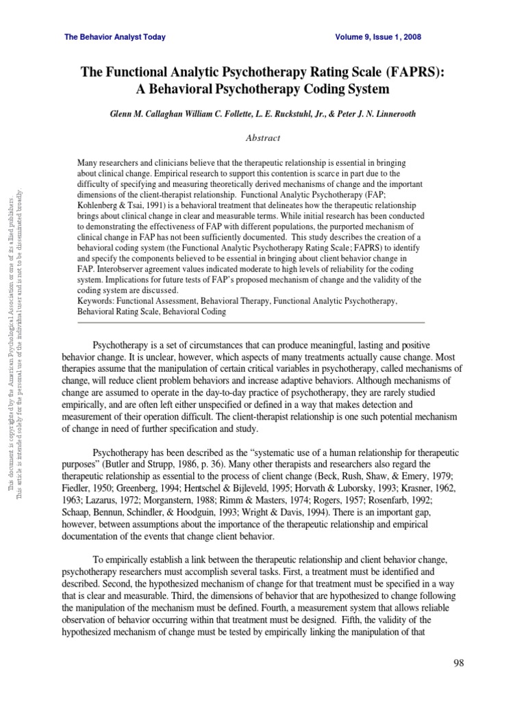 The Functional Analytic Psychotherapy Rating Scale Faprs A Behavioral Psychotherapy Coding 