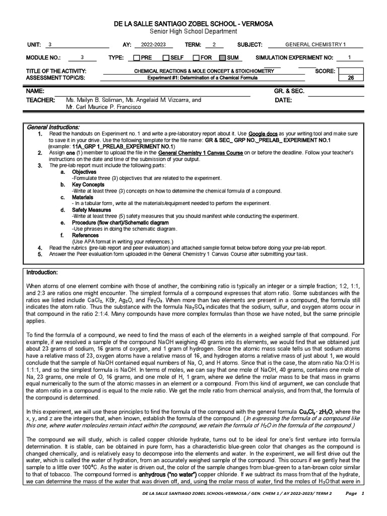 Experiment No. 1 - Determination of A Chemical Formula-Final-1 ...
