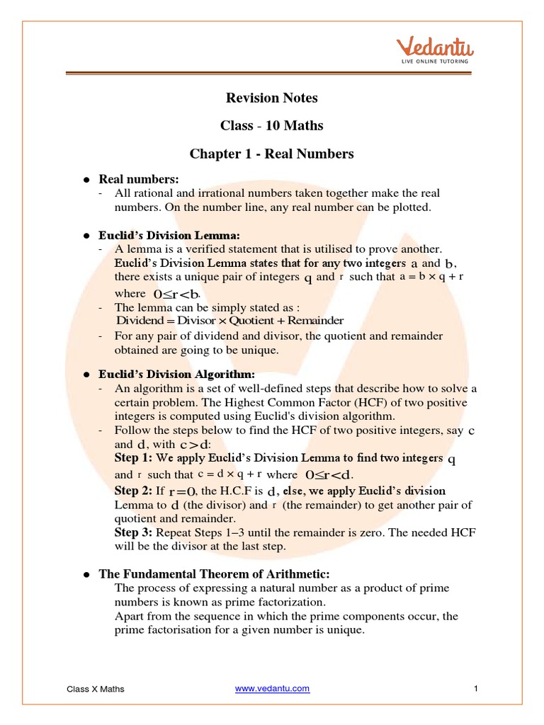 Revision Notes 2022 For CBSE Class 10 Maths Real Numbers PDF PDF