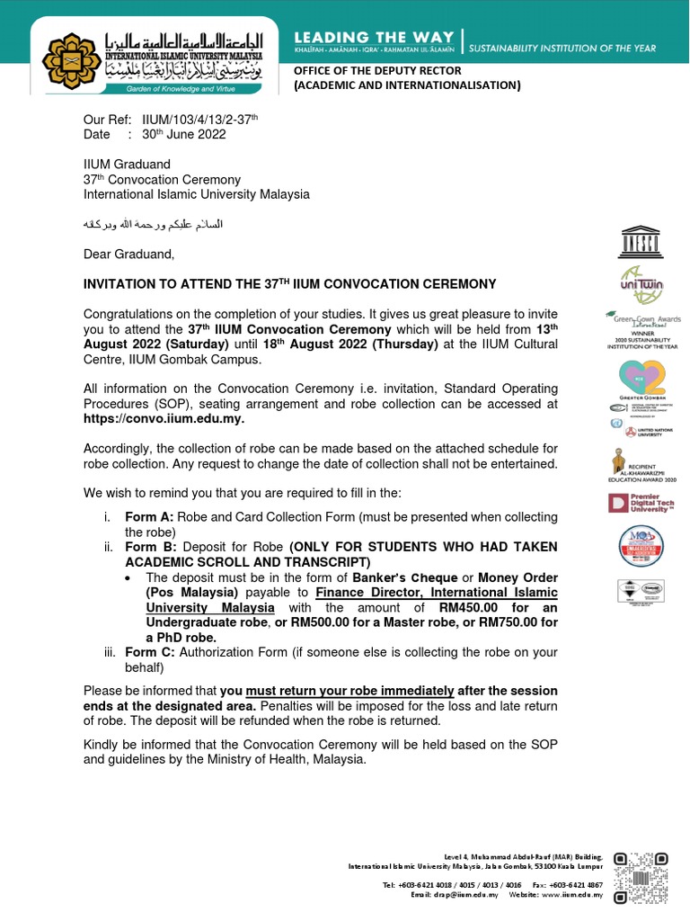 Letter Invitation Convocation 37th IIUM | PDF | Bachelor's Degree | Engineering