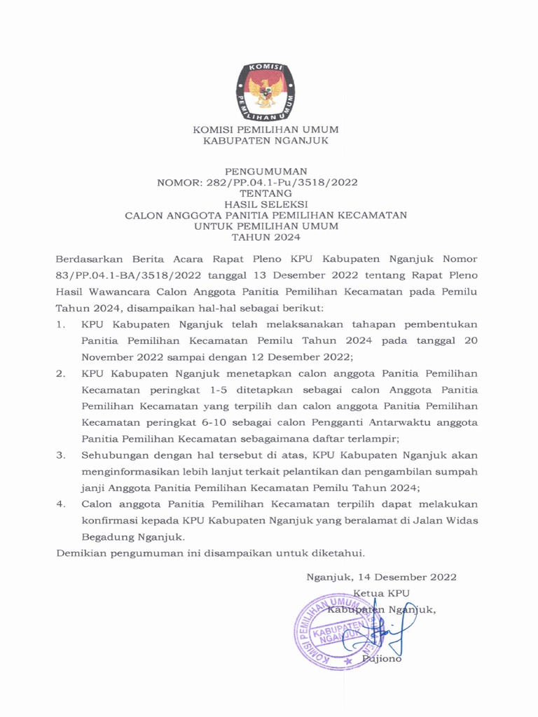 282 Pengumuman Hasil Seleksi Calon Anggota PPK Untuk Pemilu 2024 | PDF