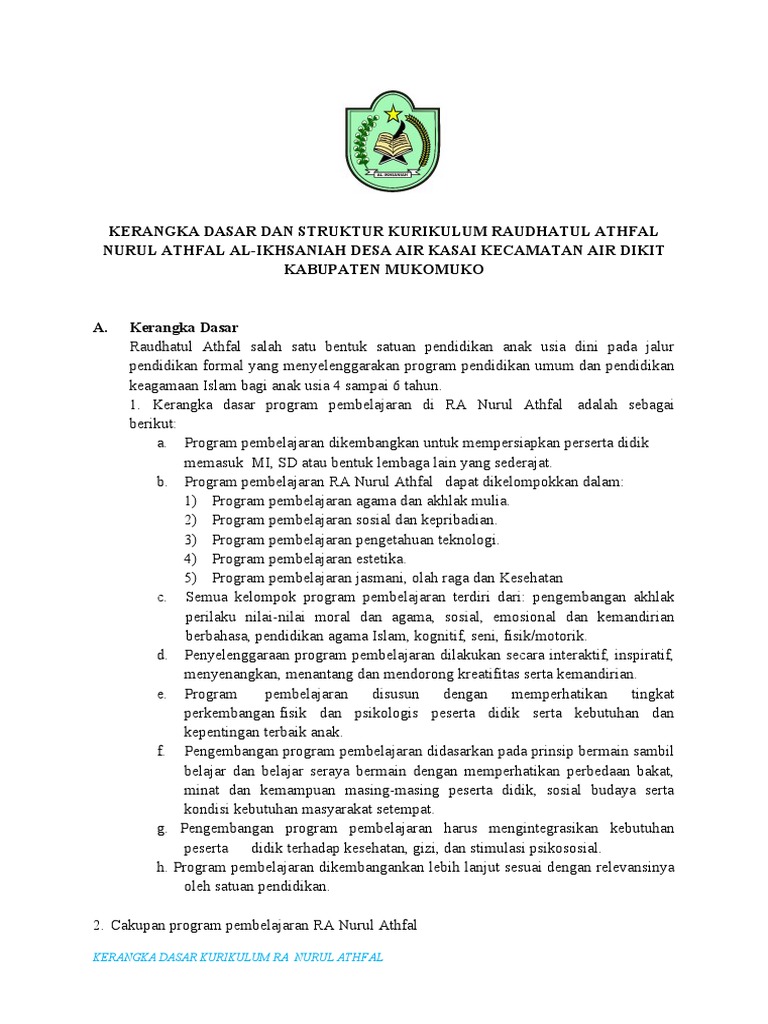 Kerangka Dasar Dan Struktur Kurikulum Ra Nurul Athfall | PDF