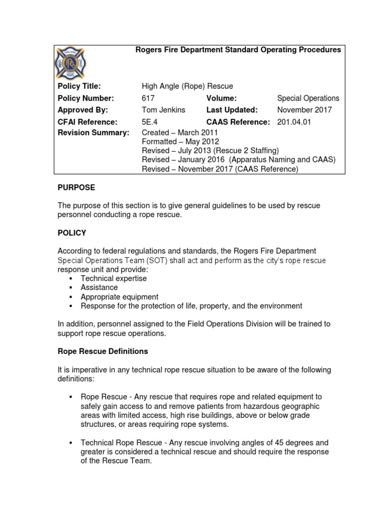 SOP 617 - High Angle Rope Rescue - 201712220909309217 | PDF | Incident Command System | Safety