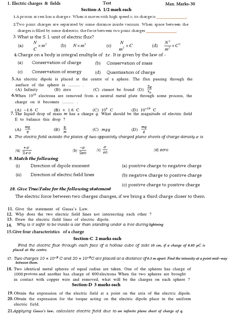 1.electric Charges and Fields-Test | PDF | Electric Field | Electric Charge
