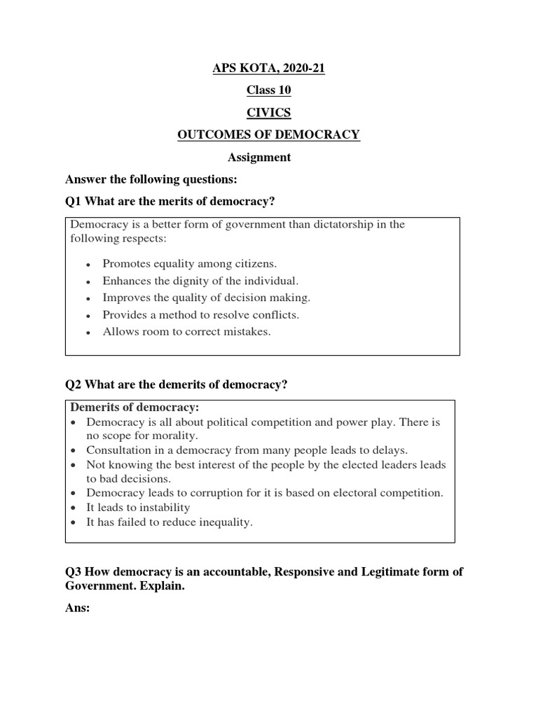 Outcomes of Democracy in Class 10 Civics | PDF | Democracy | Political ...