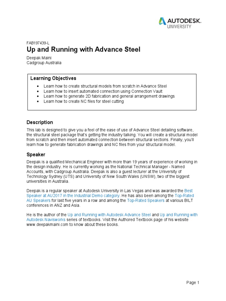 Advance Steel - Class - Handout - FAB197439L - Up - and - Running - With - Advance - Steel ...