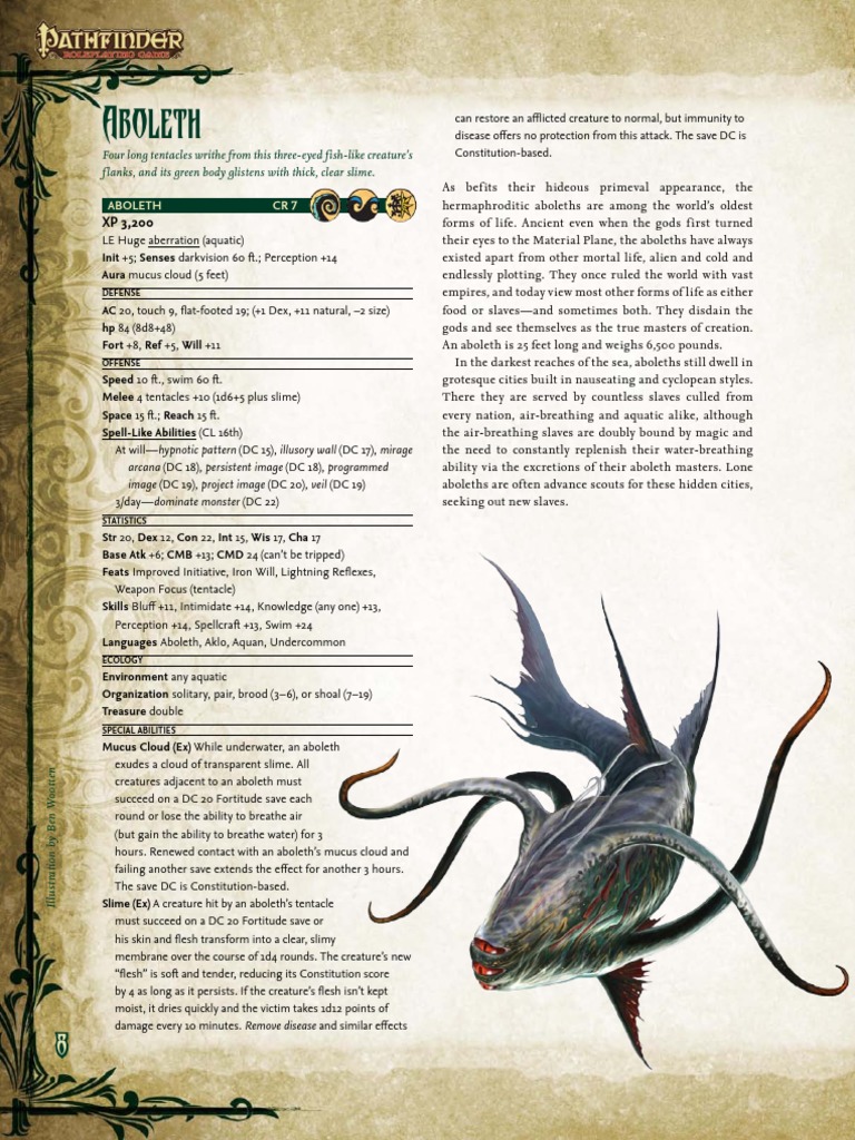 Pathfinder 1e Bestiary I Aboleth | PDF