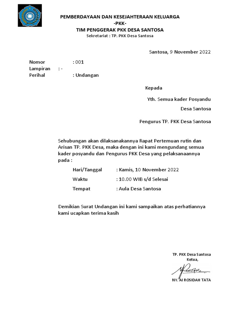 Contoh Surat Undangan PKK | PDF