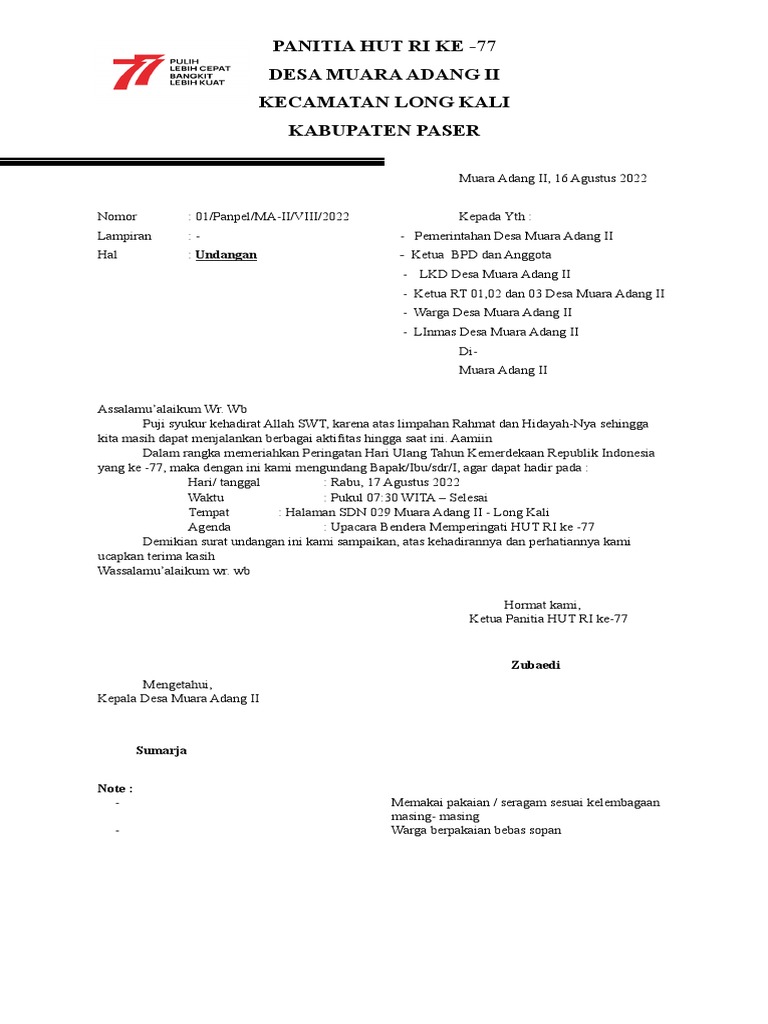 Undangan Upacara Peringatan HUT RI Ke-77 PT. Ansaf Inti Resources | PDF