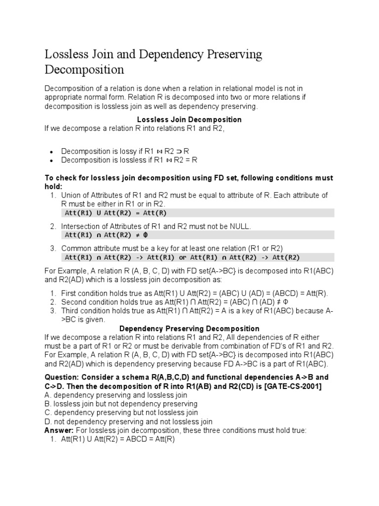 Lossless Join and Dependency Preserving Decomposition | PDF | Computer ...