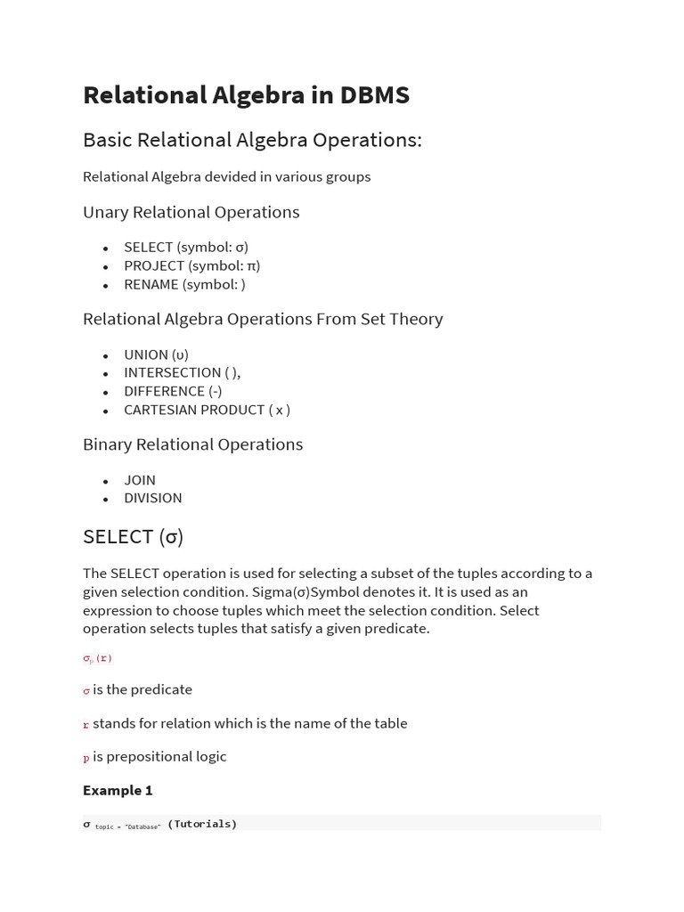 Relational Algebra in DBMS | PDF | Relational Model | Mathematics Relational Algebra in DBMS | PDF | Relational Model | Mathematics