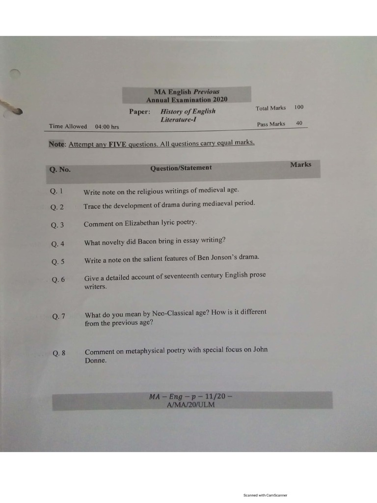 MA English Past Papers | PDF