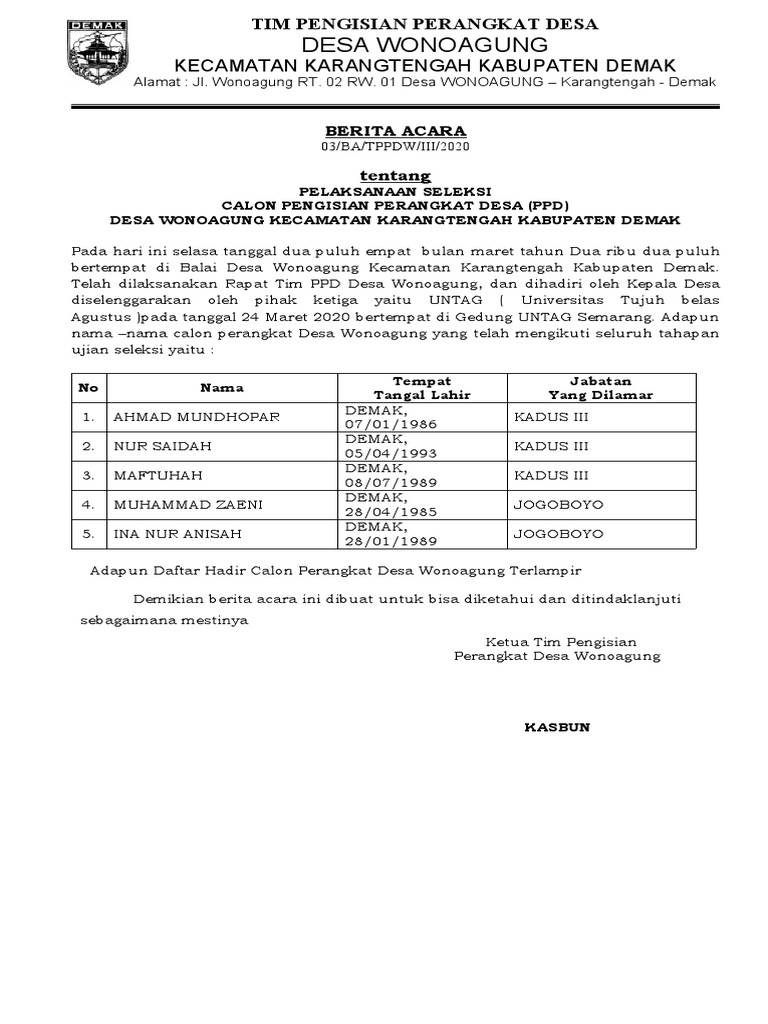 Berita Acara Seleksi Calon Perangkat Desa | PDF Berita Acara Seleksi Calon Perangkat Desa | PDF
