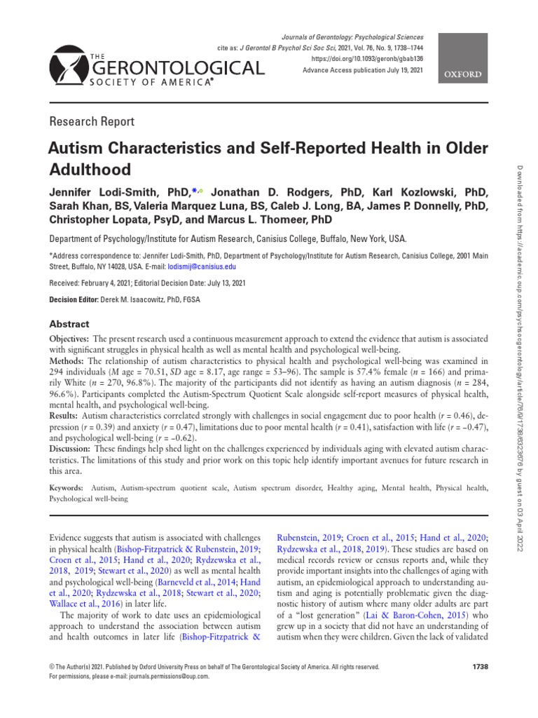 Autism Characteristics and Self-Reported Health in Older Adulthood ...