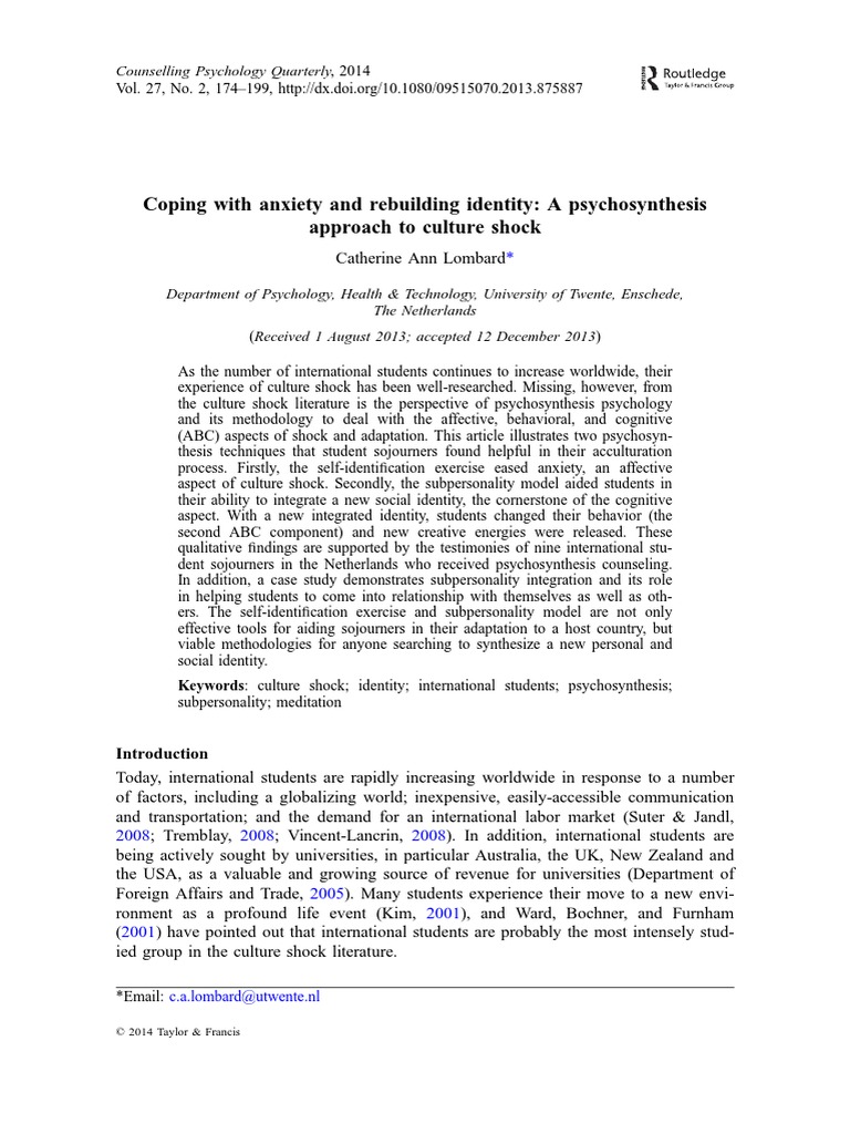 Coping With Anxiety and Rebuilding Identity A Psychosynthesis Approach To Culture Shock | PDF ...