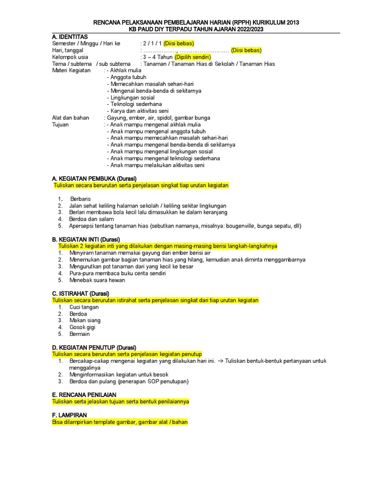 Template Rancangan Pembelajaran Harian | PDF