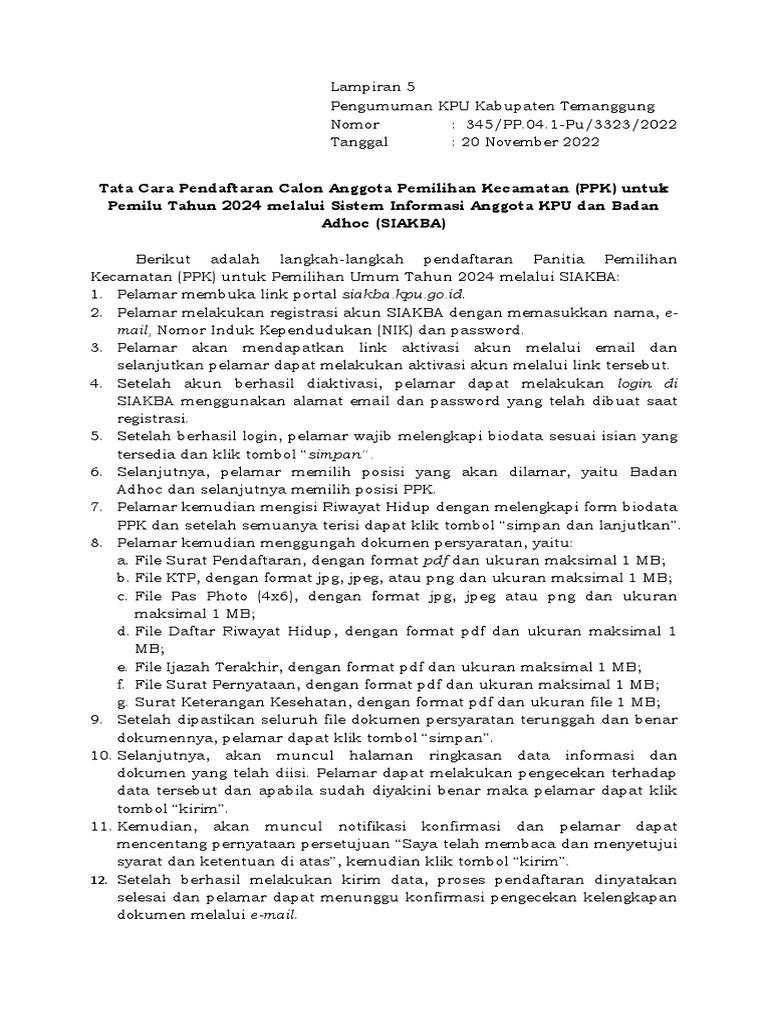 Panduan Daftar PPK Pemilu 2024 SIAKBA | PDF