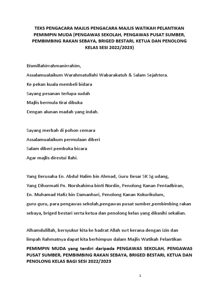 Teks Pengacara Majlis Watikah Pelantikan Pengawas 2022 - Hajar | PDF