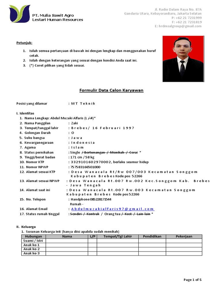 ABDUL MUZAKI ALFARIZ Form Isian Calon Karyawan Baru MSAL | PDF