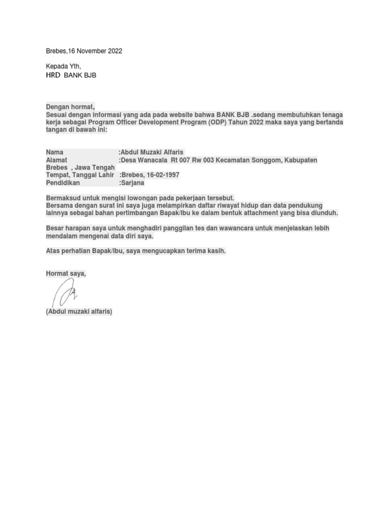 Surat Lamaran ODP Bank BJB 2022 | PDF | Karier & Perkembangan ...
