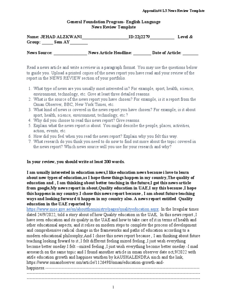 L3 News Review Template (1) - 2 | PDF | News | Reason