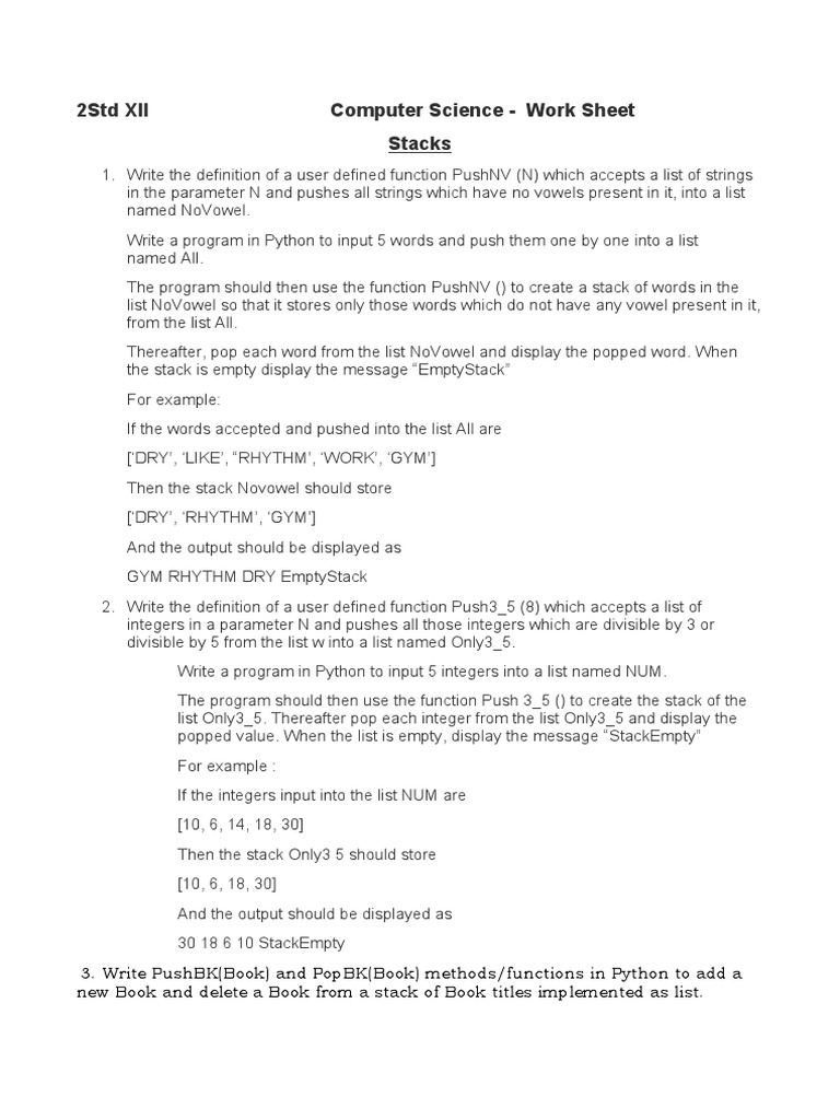 Stacks Worksheet 1 | PDF | Subroutine | Parameter (Computer Programming) Stacks Worksheet 1 | PDF | Subroutine | Parameter (Computer Programming)