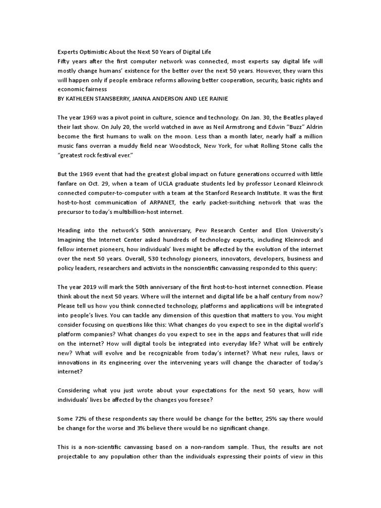 Experts Optimistic About The Next 50 Years of Digi | PDF | Internet | Computer Network