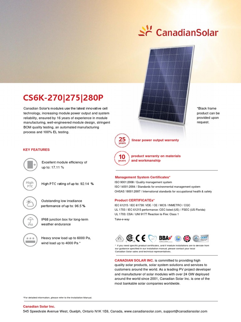Canadian - Solar Datasheet CS6K 275W 280P | PDF | Fuse (Electrical ...