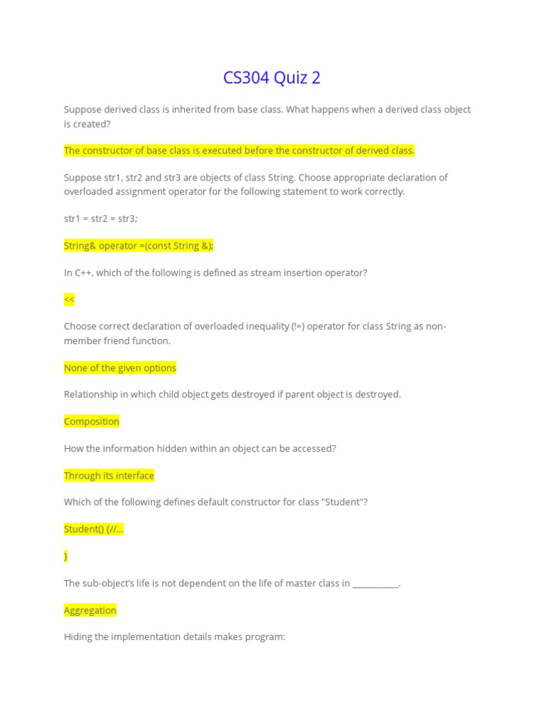 An Overview Of Key Object Oriented Programming Concepts Covered In A Cs304 Quiz Pdf Class