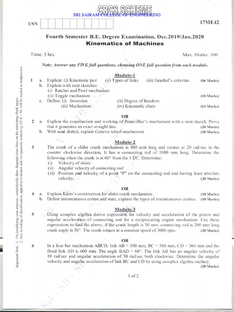 Kinematics of Machines - VTU QP | PDF | Gear | Acceleration