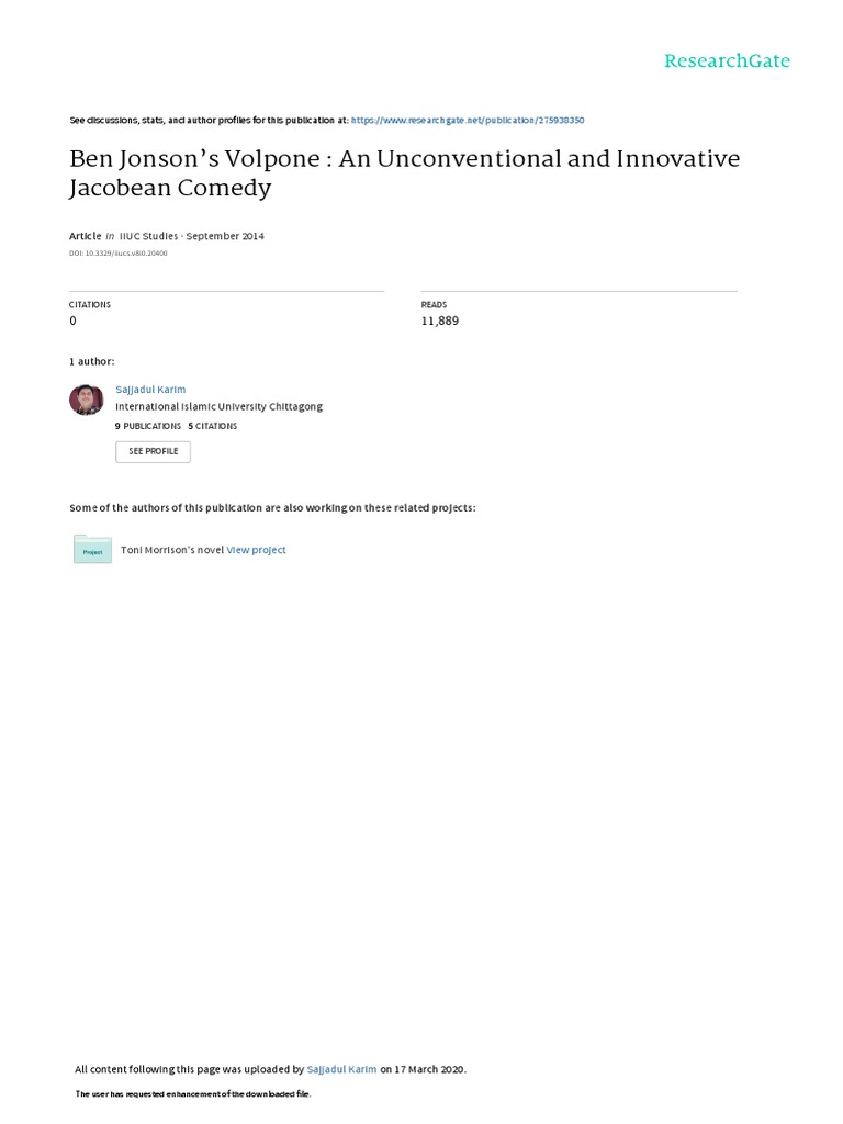 Analyzing Jonson's Volpone Comedy | PDF | Ben Jonson | Comedy