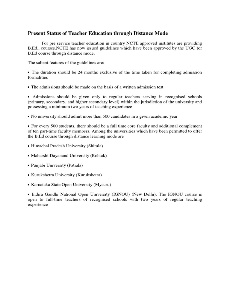 Present Status of Teacher Education Through Distance Mode | PDF