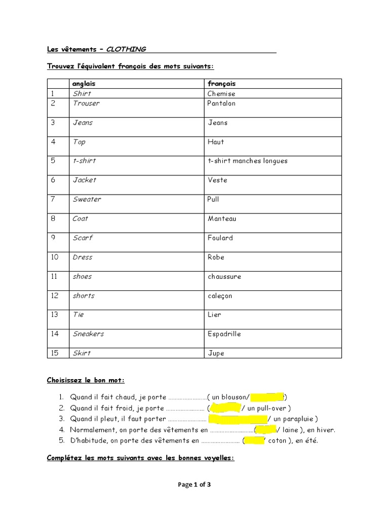 Les Vetements Vocab Short Readingcomprehension | PDF | Vêtements ...