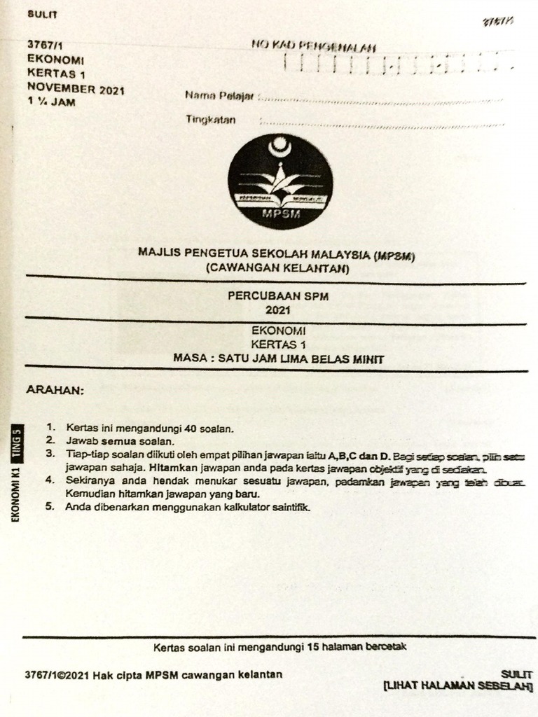 2021 Kelantan - MPSM Ekonomi K1 - K2 | PDF