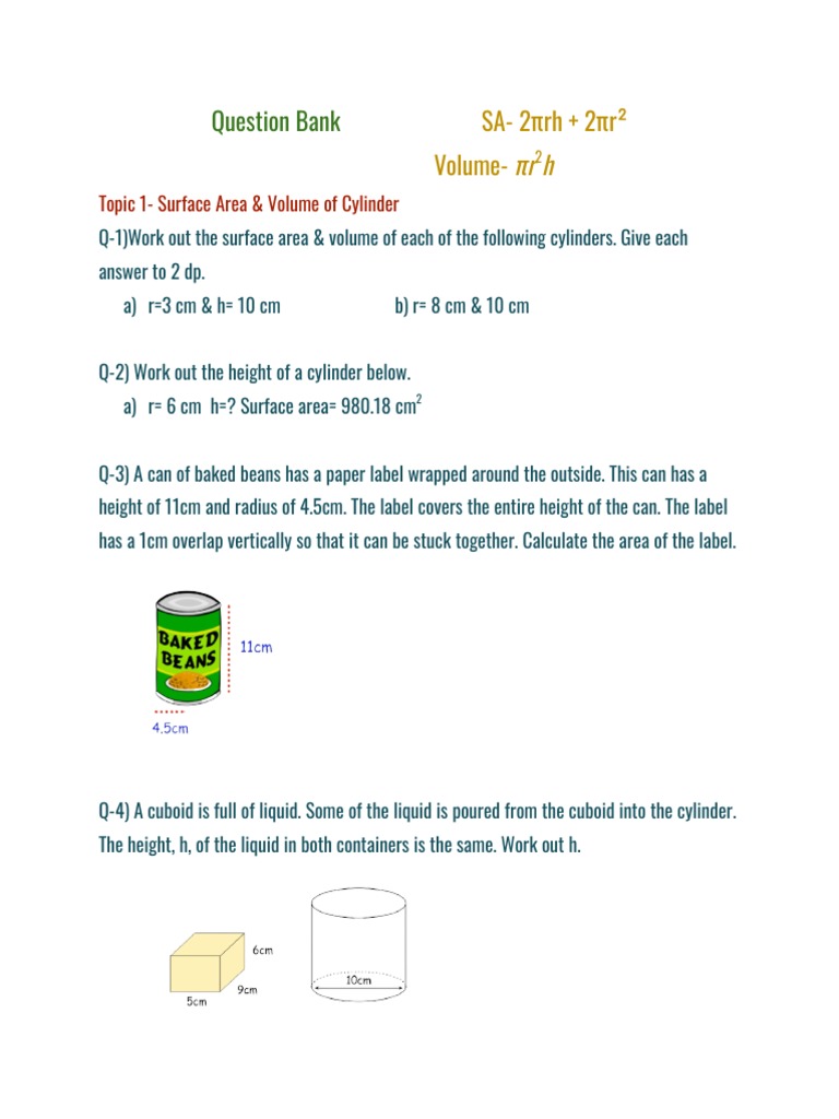 Cylinder Surface Area & Volume Quiz | PDF | Home & Garden