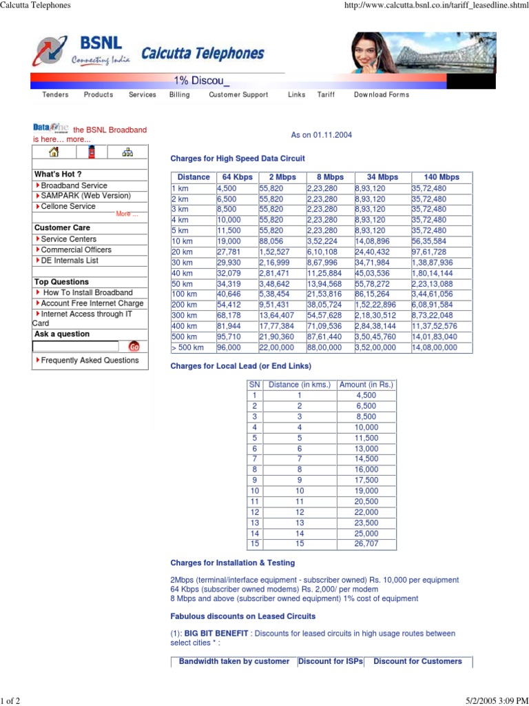 BSNL Lease Line Tariff | PDF | Communication | Internet