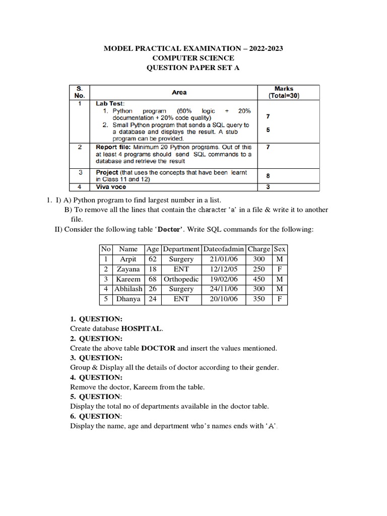 Model Practical Examination Questions | PDF | Databases | Table (Database)
