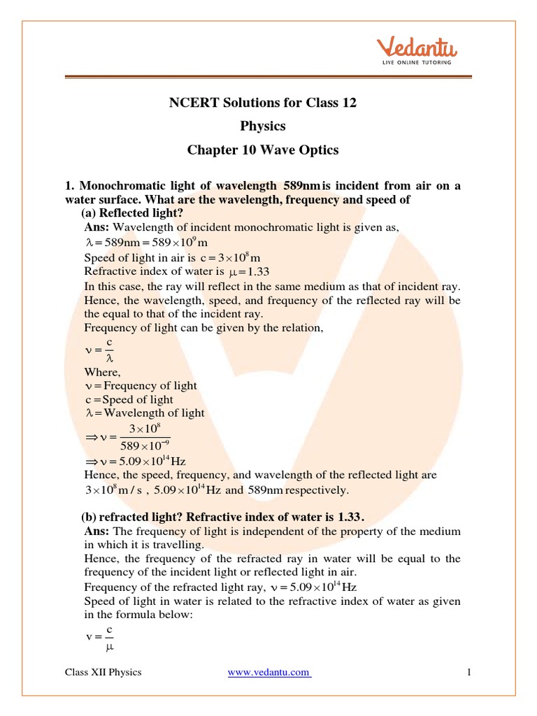 Class 12 - Physics - Wave Optics | PDF | Diffraction | Wavelength