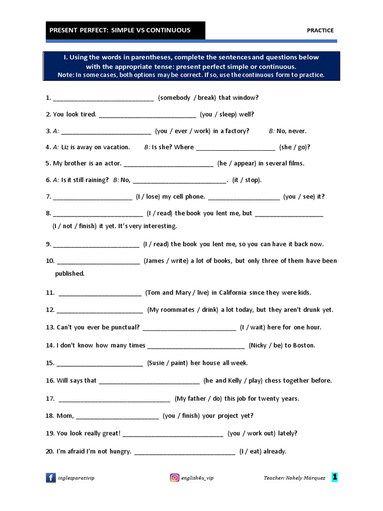 Present Perfect - Simple Vs Continuous. Practice | PDF | Language ...