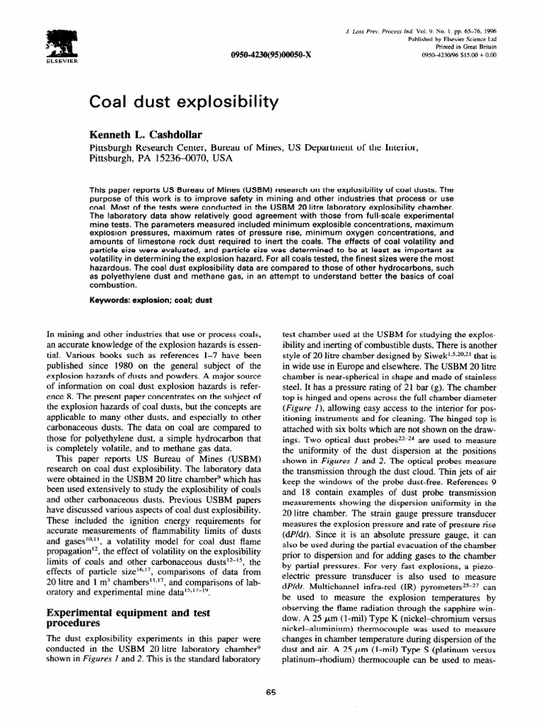 Cashdollar - 1996 - Coal Dust Explosibility-Annotated | PDF | Coal | Bituminous Coal