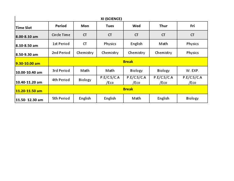 Time Table For First Week of 11th | PDF