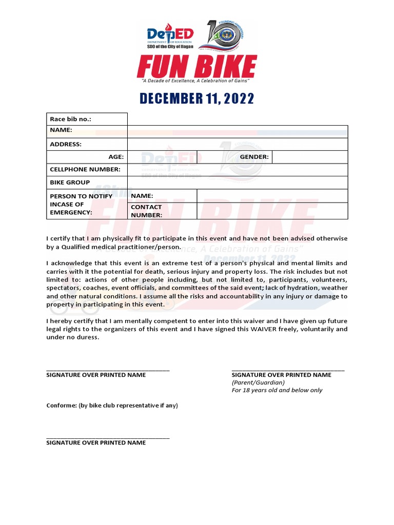 DepEd 10th Year Anniversary FUN BIKE Registration Form | PDF