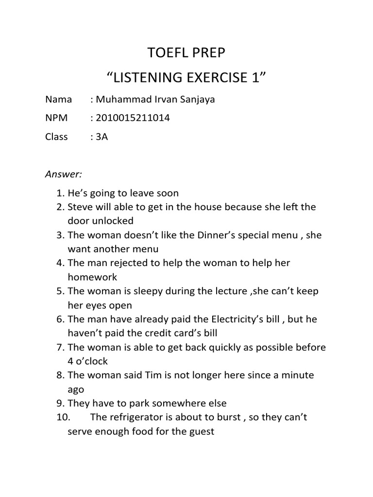 TOEFL PREP LISTEINING EXERCISE M.Irvan Sanjaya 20-014 | PDF