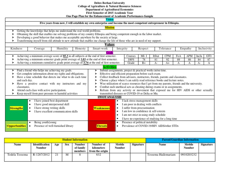 1 One Page Plan For The Enhancement of Acedemic Performance Sample | PDF