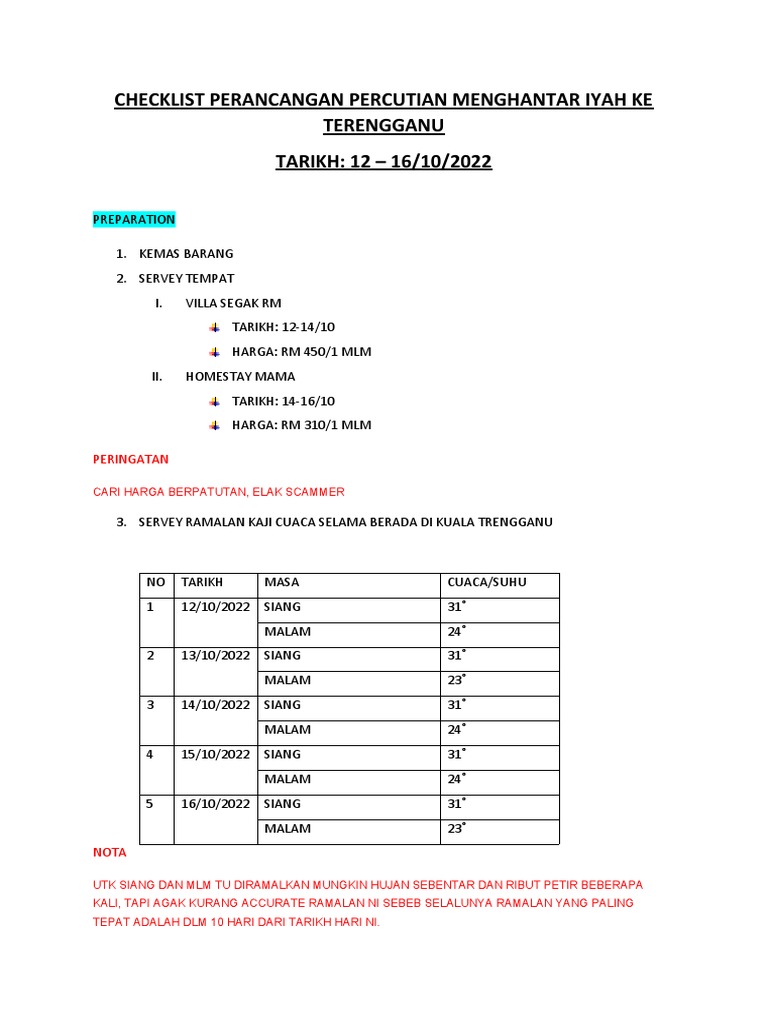 Checklist Perancangan Ke Terengganu | PDF