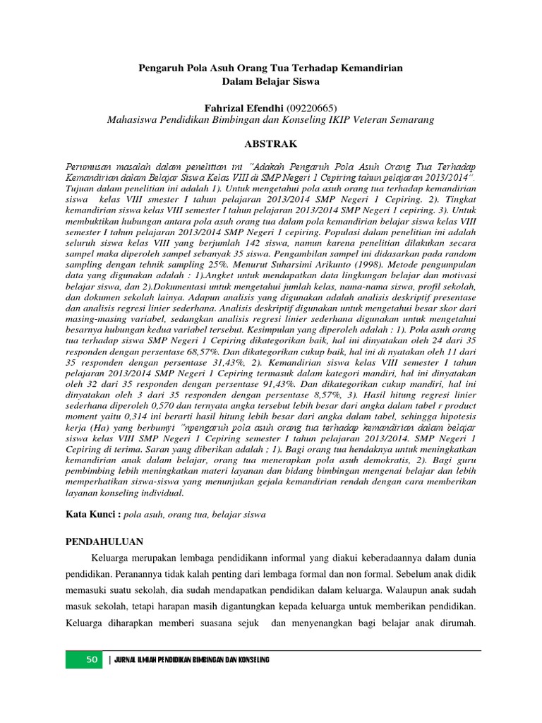 Pengaruh Pola Asuh Orang Tua Terhadap Kemandirian Belajar SEMARANG | PDF