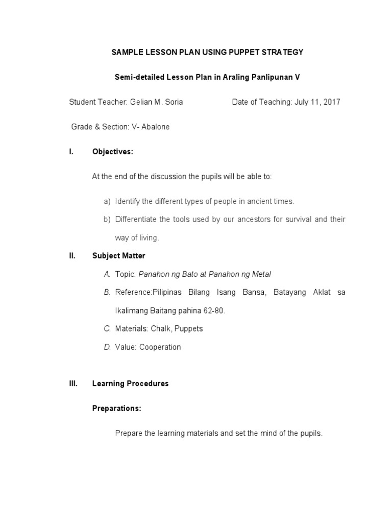 Sample Lesson Plan Using Puppet Stategy | PDF
