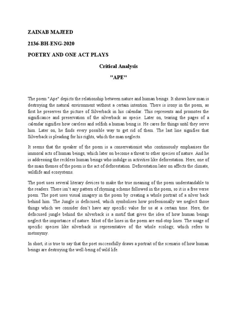 "Critical Analysis of 'Ape' Poem" | PDF