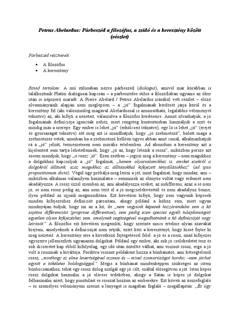 Filozófiatörténet VI. - Abelardus Párbeszéd A Filozófus, A Zsidó És A Keresztény Között (Részlet ...