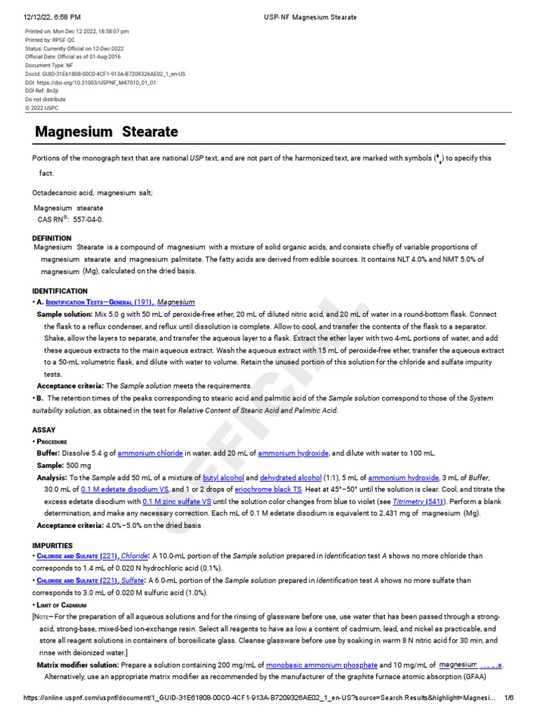 USP-NF Magnesium Stearate | PDF | Spectrophotometry | Atomic Absorption ...